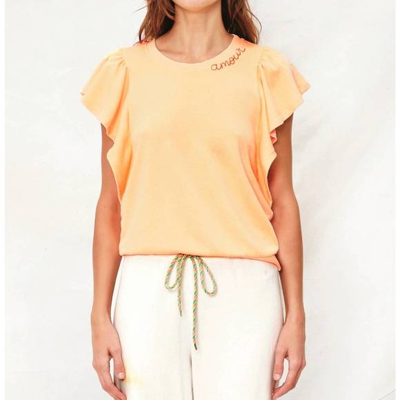 Sundry | Tops | New Sundry Amour Flounce Shirt In Pigment Melon | Poshmark
